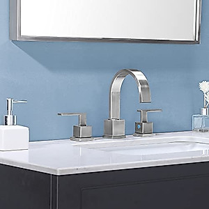 KINGO HOME Brushed Nickel 3 Hole Deck Mount Waterfall Bathroom Faucet, 8 inch 2 Handle, Drip-Free Ceramic Disc Valve, Easy Installation