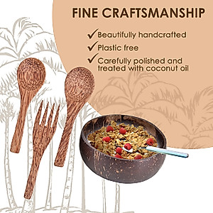 Premium Natural Thai Polished Coconut Wooden Bowl And Spoon Set, Hand Carved Wood Spoons, Perfect Eco-Friendly Gifts for Vegan, Buddha Bowls, Acai Smoothie Drinking Cups - Set of 2