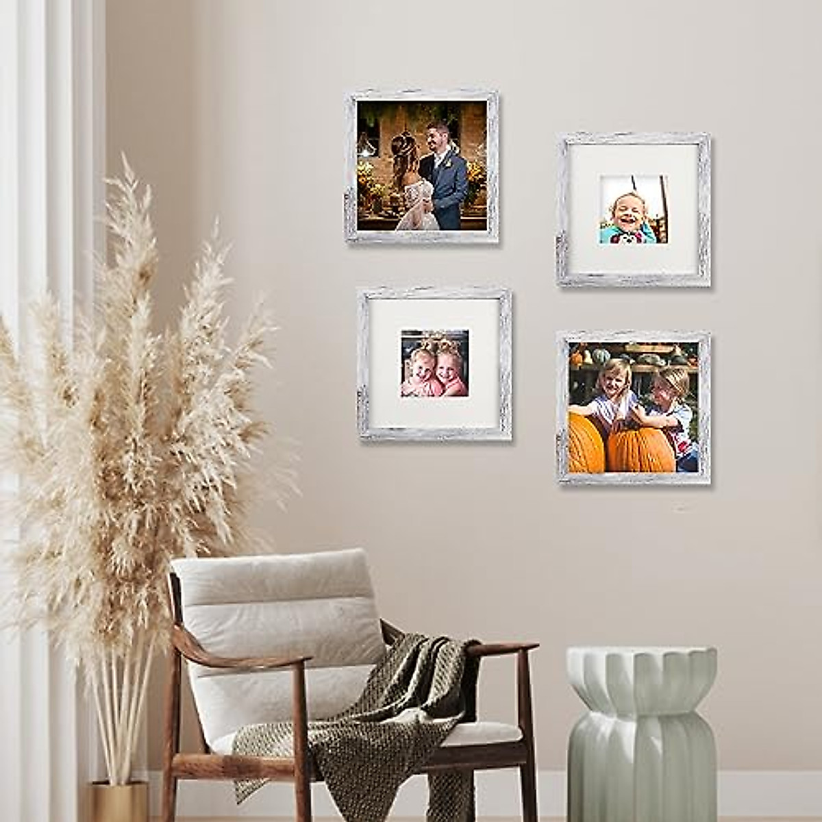 AVEAX 8x8 Picture Frames Display Pictures 4x4 with Mat or 8x8 Without Mat, Set of 4 Square Photo Frame for Wall or Tabletop White