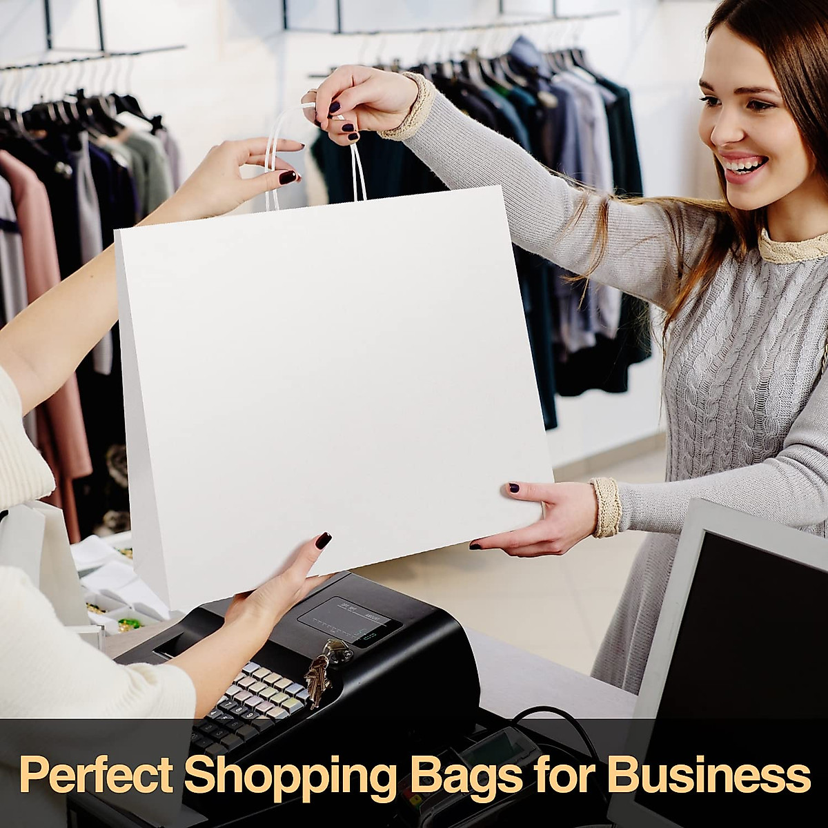 Poever 16x6x12 Kraft Paper Bags with Handles 25 PCS Bulk, Large Shopping Bags White Gift Bags Tote Bags Recyclable for Small Business Retail Grocery Merchandise