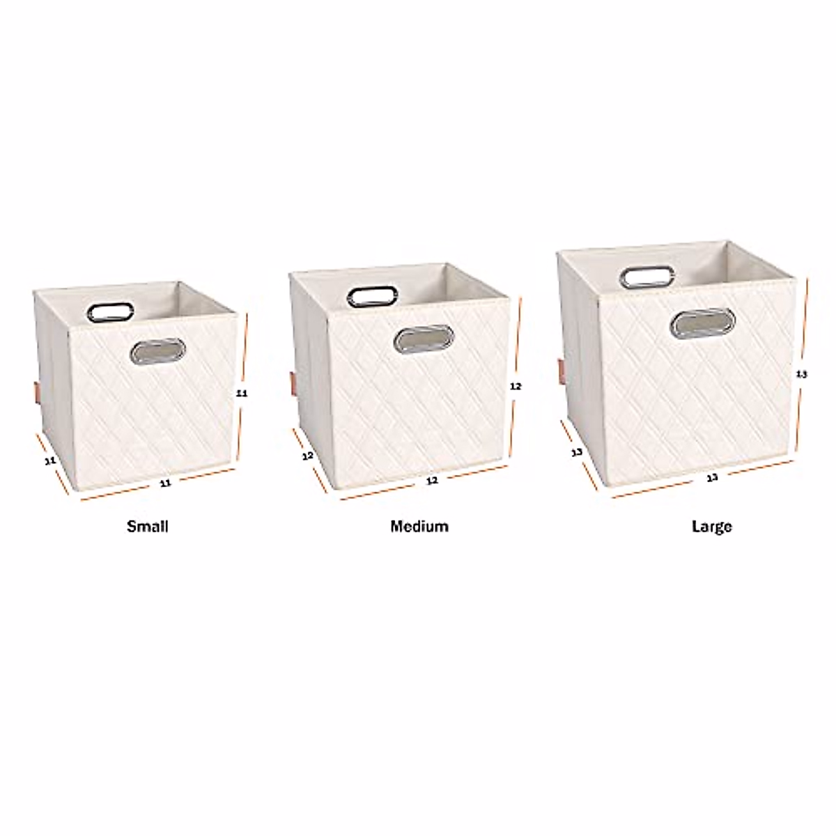 JIAessentials Small 11-inch Beige Foldable Diamond Patterned Faux Leather Storage Cube Bins Set of Four with Handles with Dual Handles for living room, bedroom and office storage