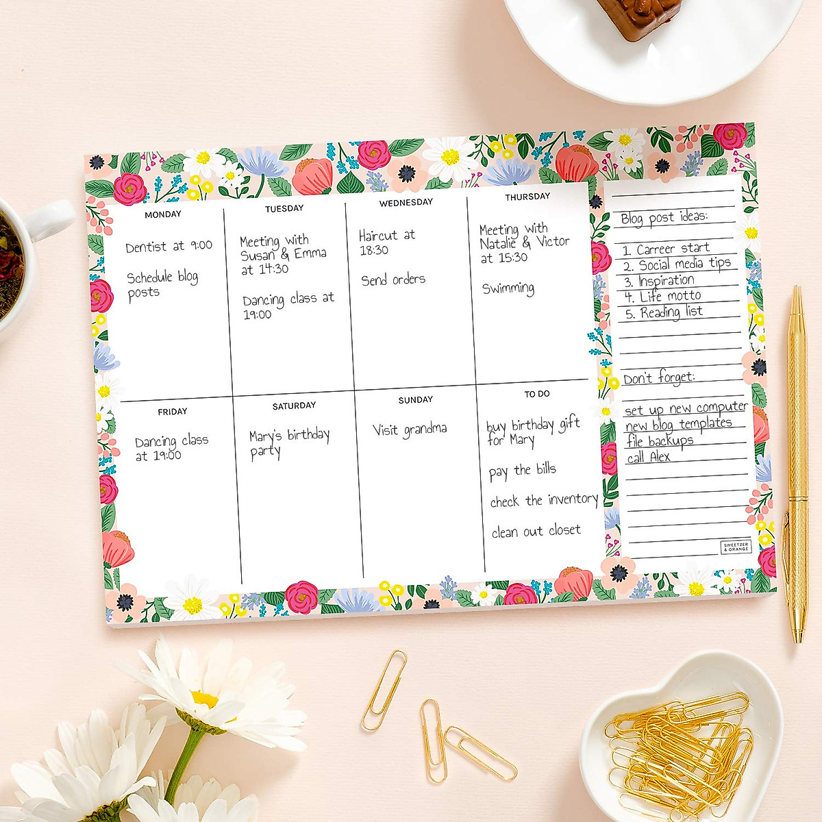 Sweetzer & Orange Floral Weekly Planner Notepad with Daily Planner Agenda Squares. 7x10" Day Planner 2024 - Student Planner, Work Planner and Checklist Pad