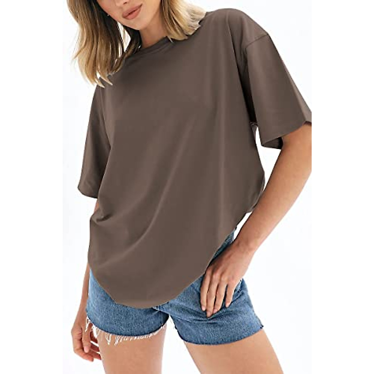 Trendy Queen Womens Oversized T Shirts Loose Fit Cotton Crewneck Short Sleeve Tops Summer Casual Blouse 2023 Y2K Basic Tee Brown
