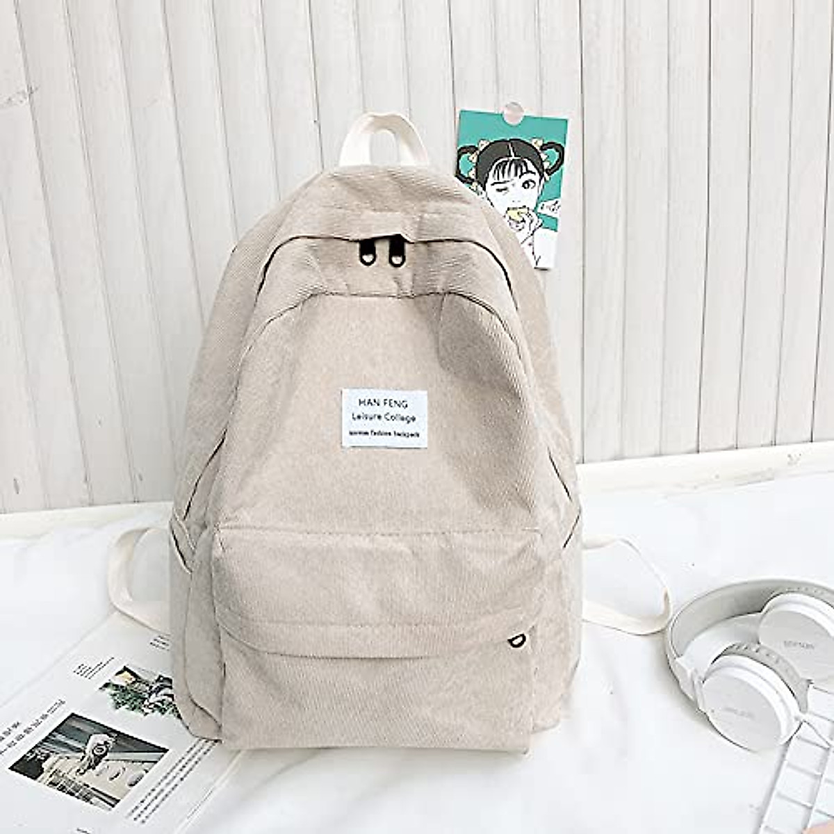 Van Caro Corduroy School Backpack Large College Backpack Casual Bookbag Laptop Backpack Computer Bag Travel Daypack for Girls Boys Teens,Khaki(no Pendant)