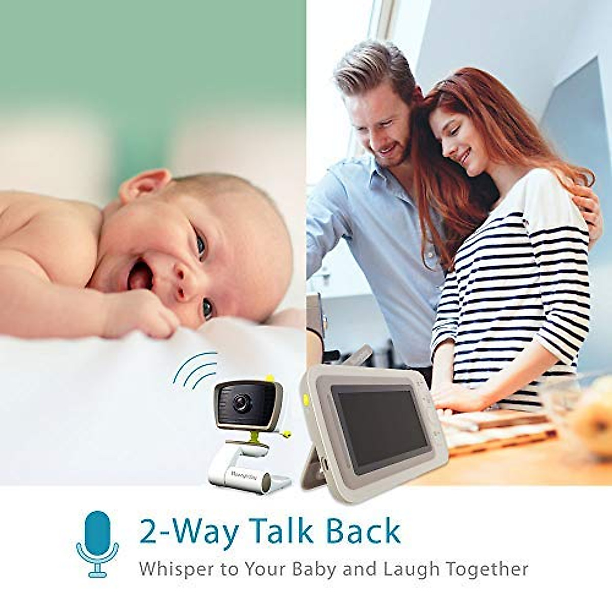 Moonybaby Split Screen Baby Monitor with 2 Cameras and Audio, Model: Split 30, No WiFi, Extended 12hrs Battery Life, Wide View, Long Range, Auto Night Vision, 4.3" Large Screen, Lullaby, 2-Way Audio