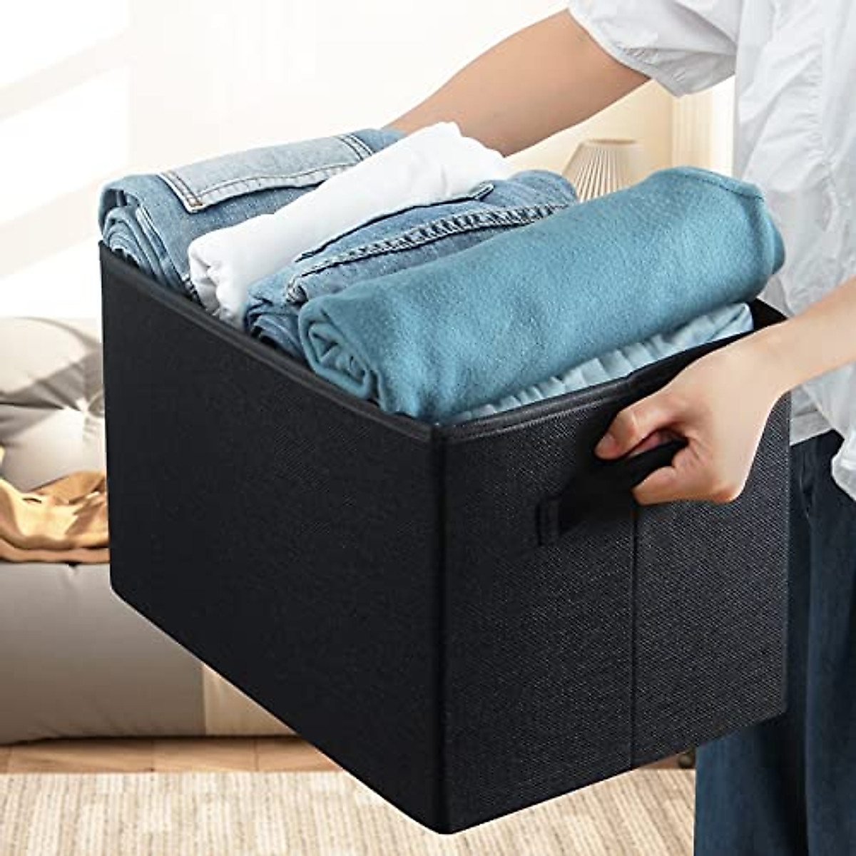 Consmos Large Foldable Fabric Storage Bin with Lids& Dual Handles, Sturdy Cubby Storage Basket for Clothes& Toys, Cube Storage Organizer Bins for Shelves, Closet, Bedroom, Home& Office, Black 3-Pack