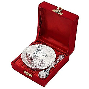 Rastogi Handicrafts Aluminium -Silver Plated Small Bowl Set with Spoon Size - 3.5 Inch Diameter Bowl, capacity -100 ml /3.38 OZ