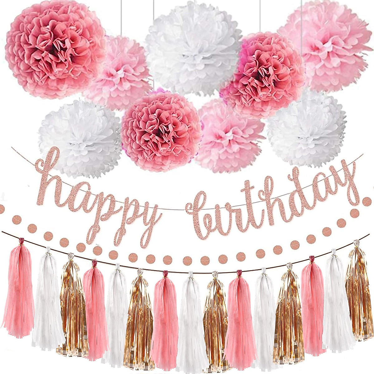 OuMuaMua Pink Rose Gold Birthday Party Decorations Set, Rose Gold Glittery Happy Birthday banner, Tissue Paper Pom, Circle Dots Garland and Tassel Garland for Birthday Party Decorations