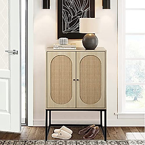AWQM Natural Rattan 2 Door High Cabinet,Sideboard Buffet Cupboard Accent Cabinet,Adjustable Shelves,Free Standing Bookmatch,Easy Assembly26.77 L x 15.75" W x 41.34" H,Rustic Oak Beige