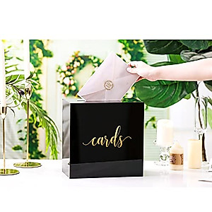UNIQOOO Black Acrylic Wedding Card Box with Slot, Large 10x10x5.5 inch w/ Gold Foil | Wedding Receptions Wishing Well Money Box, Birthdays, Memory Box