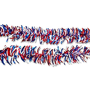 Patriotic Garland Decorations (2 Pack, 9 ft Each) - Tinsel in Metallic Red White and Blue for 4th of July Party, Veterans Day, Labor Day Holiday and More