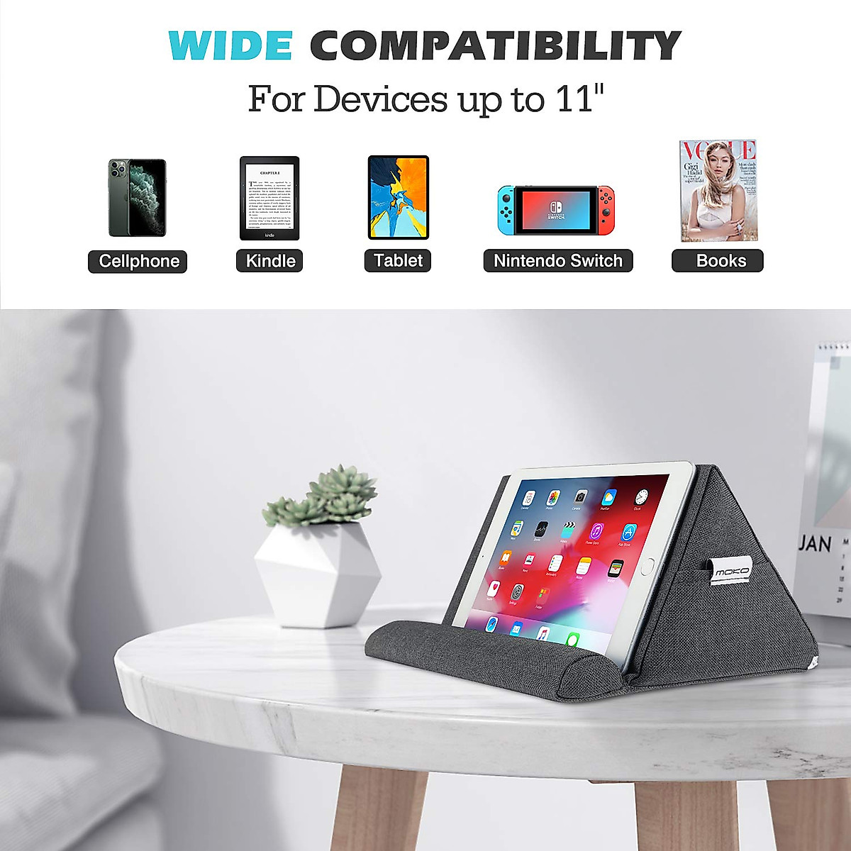 MoKo Tablet Pillow Stand, Pillow Lap Holder for iPad Tablet up to 11" for Xmas Gift, eReaders, Fit with iPad 9 10.2",iPad Mini 6 8.3",iPad 10th,iPad Pro 11 2022,Air 4, Galaxy Tab S6/S7, Space Gray