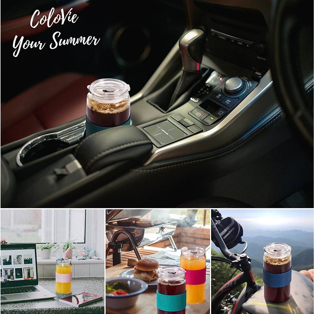 ColoVie 20oz Tumbler with 3 IN 1 Lids and Glass Straws(Extra Silicone Tips), Sky Silicone Protective Sleeve, Iced Coffee Cup, Travel Water Bottle, Soda Beer Can Shaped Cups, Hot Tea