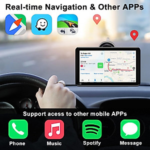 Portable Car Stereo for Apple Carplay, Android Auto, Air Play, Mirror Link, Wireless Car Play Screen with Bluetooth Handsfree, 7 Inch IPS Touchscreen, GPS Car Navigation, Siri/Google, FM/AUX/USB/TF