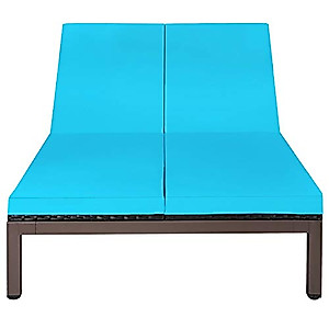 Blue 2 Person PE Rattan Outdoor Chaise Lounge Lounger Recliner Chair Sunbathing Bed Soft Non-Woven Thick Sponge Cushion 2 Separate 5 Adjustable Backrest Position Perfect For Patio Beach Poolside Using