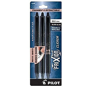 (2) Pilot Frixion Clicker Erasable Pen Black Gel ink. 3 pack Bold, 1.0 mm, 11390