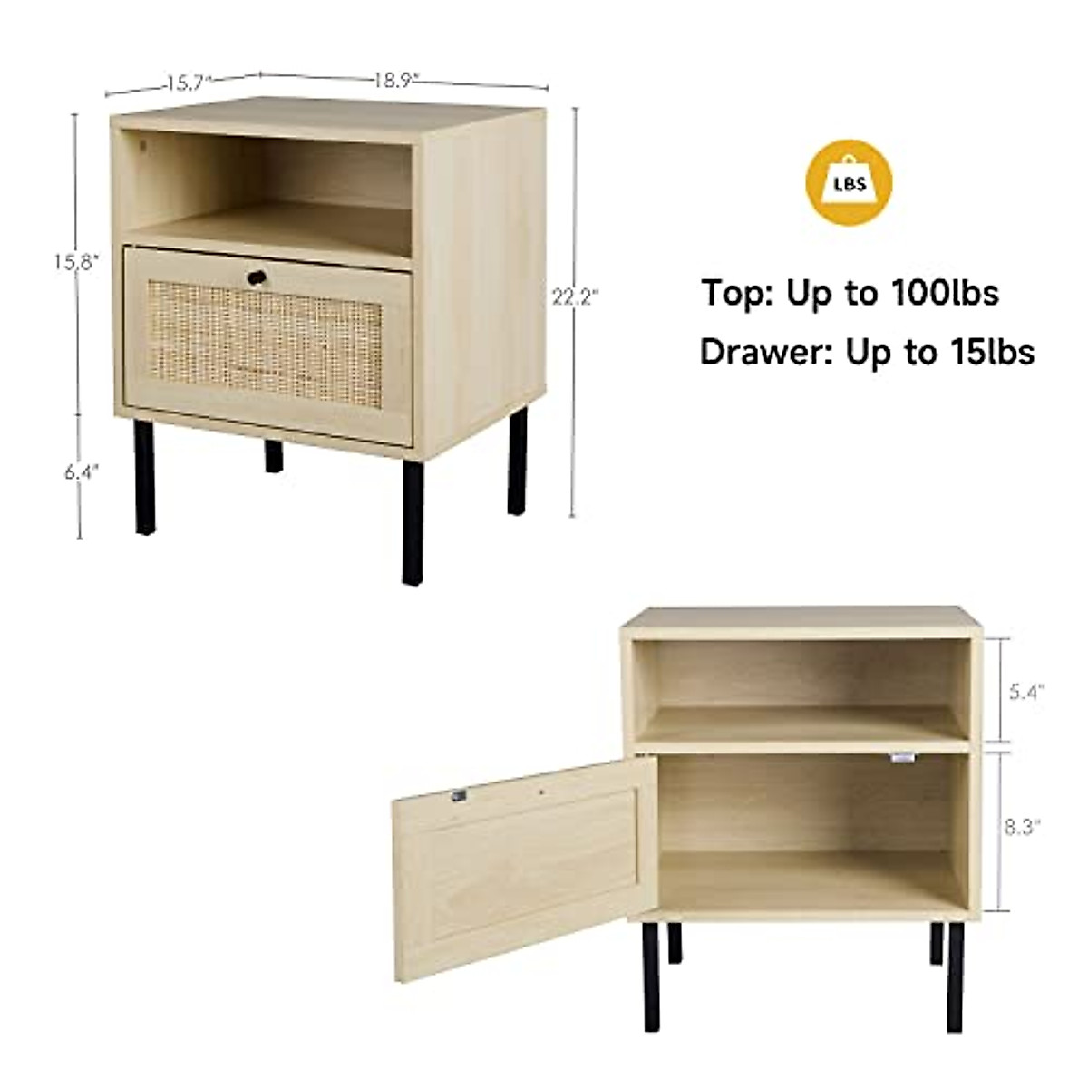 Natural Rattan Nightstand, End Table, Bedside Table, Modern Side Table with 1 Hand Made Decorated Door for Living Room, Bedroom