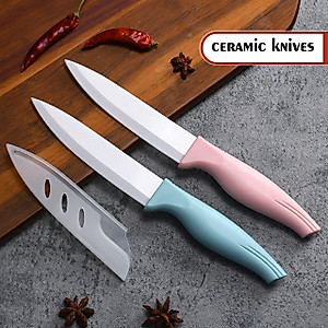 gajing Ceramic Fruit Knife Set 2-Piece with Sheaths Pink non-slip Grip handle,Antioxidation Sharp Blade For Fruit Paring When Traveling Which Placed in Bags, Fruit Plates Blue