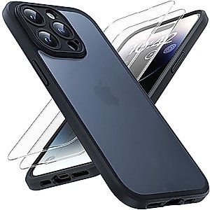 TOCOL 3 in 1 for iPhone 14 Pro Case, [Upgraded Camera Protection] with 2 Pack Screen Protector, [Military Grade Drop Tested] Shockproof Slim Translucent Matte Back Cover 6.1", Black