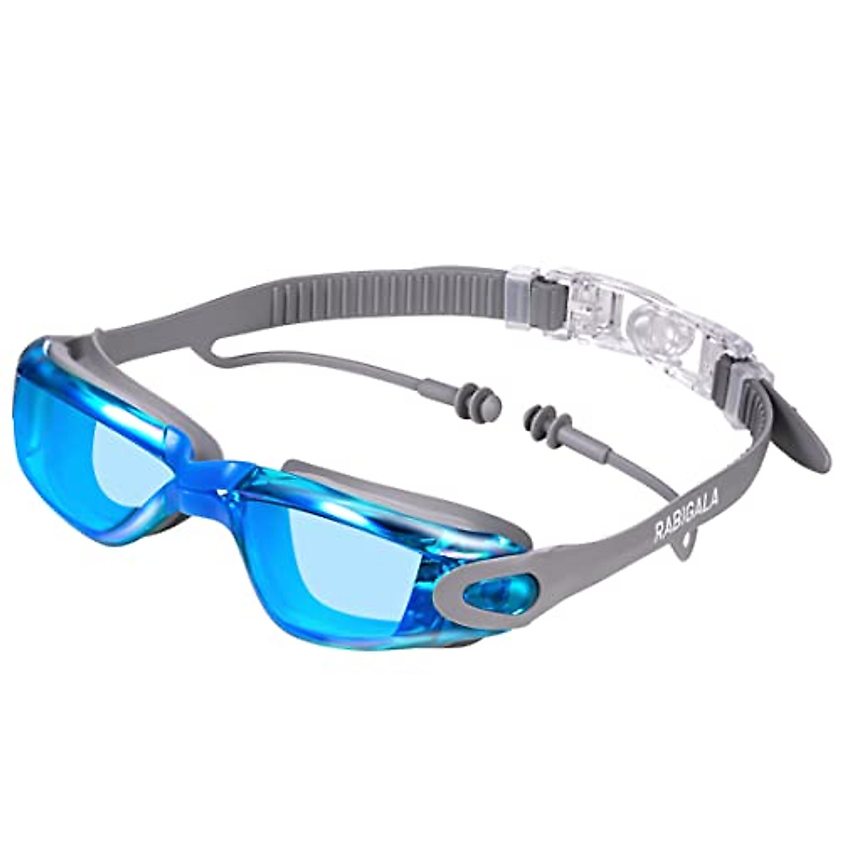 RABIGALA Swimming Goggles Adult, Swim Goggles Anti-Fog Waterproof Anti-UV Clear Vision Swim Goggles with Earplugs & 3 Nose Pieces suitable for Women Men(Gray-Blue)