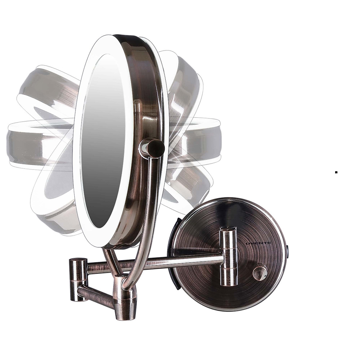 Ovente 7.5" Lighted Wall Mount Makeup Mirror, 1X & 10X Magnifier, Spinning Double Sided Round LED w/ Dimmer Switch, Extend, Retractable & Folding Arm, Battery USB Powered Antique Brass MLW75AB1X10X