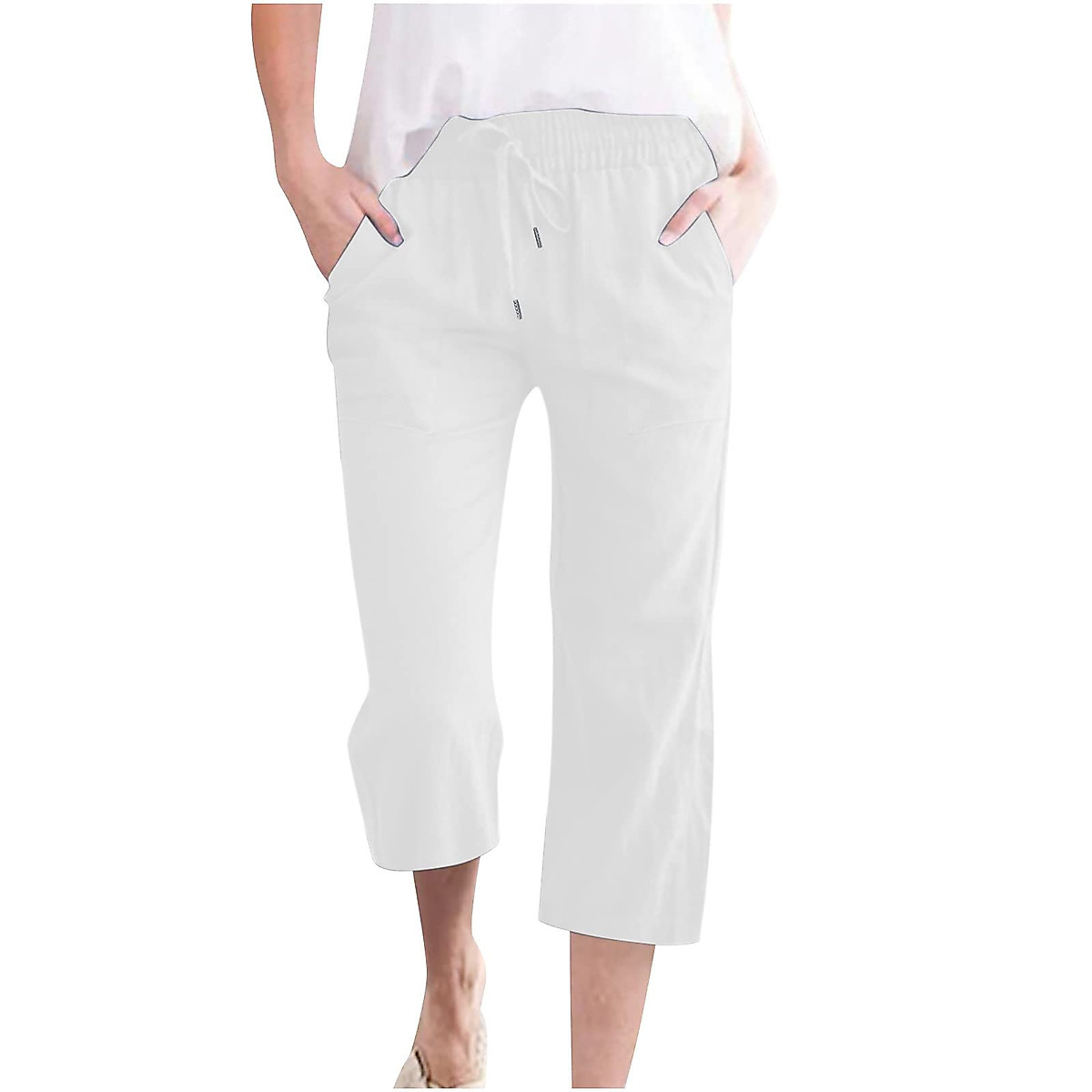 Plus Size Summer Pants Women's Pants Drawstring Elastic Waist Trousers Slacks Cotton Linen Capri Pants Pull-On Legging Pant Summer Beach Quick Dry White XL