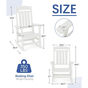 FOOWIN Patio Rocking Chairs Set of 2,HDPE High Back Porch Rocker,All Weather Resistant Poly Lumber Outdoor Porch Rocker, Rocking Chairs for Outdoor, Indoor, Patio, Deck, Garden White
