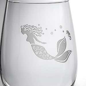 Rolf Glass Mermaid Stemless Wine Tumbler 17 ounce - Stemless Wine Glasses Set of 4 - Lead-Free Glass - Etched Tumbler Glasses - Made in the USA