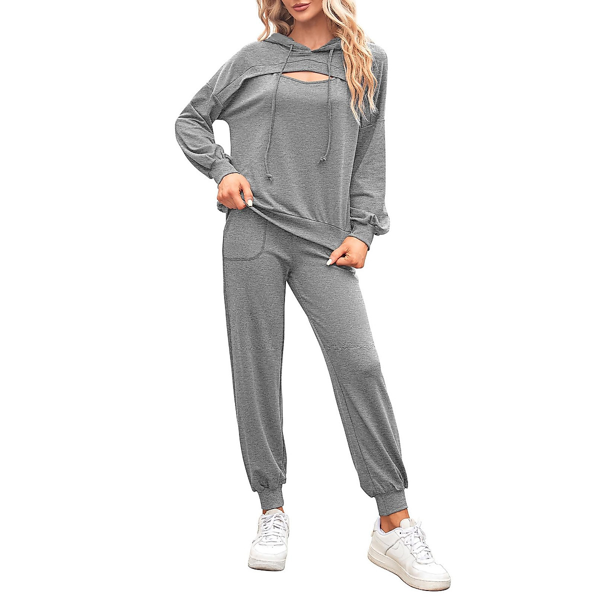 Pink Queen Women's Two Piece Lounge Set Sweatsuits Casual Fall Cutout Pullover Hoodies Tracksuit Ladies Running Active Drawstring Pants With Pockets Light Grey L