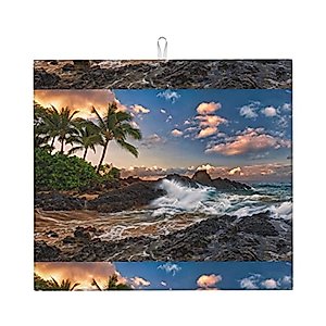 Palm Trees Clouds Tropical Coast Printed Drying Mat For Kitchen Ultra Absorbent Microfiber Dishes Drainer Mats Non-Slip Silicone Quick Dry Pad - 18 X 16inch