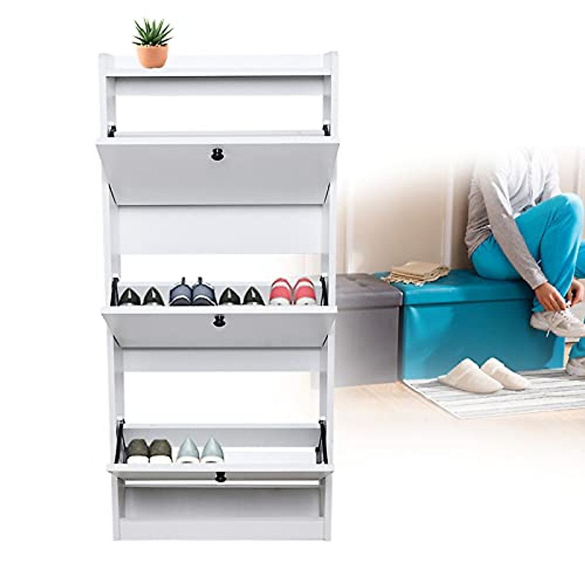 ZHFEISY 3 Tier Shoe Cabinet Shoe Storage Cabinet with 3 Large Fold-Out Drawers 19.69" x 6.69" x 43.31" White Shoe Rack for Entryway Hallway