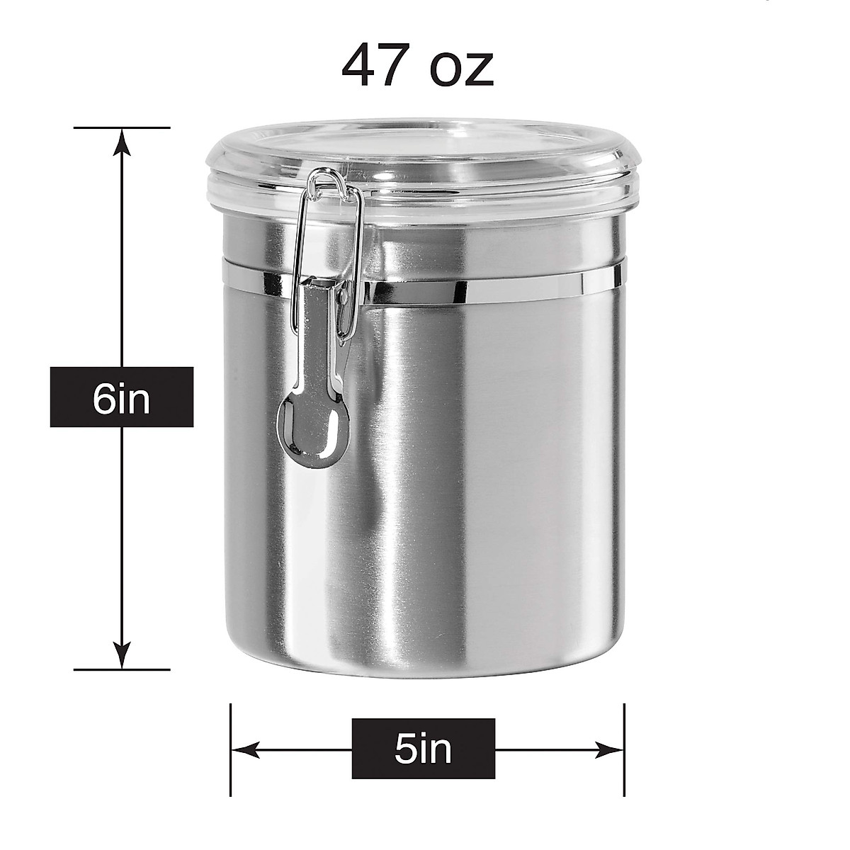 OGGI Stainless Steel Kitchen Canister 47oz - Airtight Clamp Lid, Clear See-Thru Top - Ideal for Kitchen Storage, Food Storage, Pantry Storage. Large Size 5" x 6"