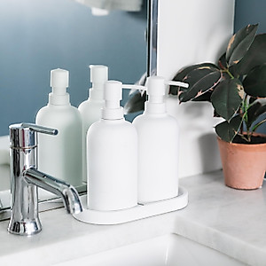 Yew Design - Matte White Soap Dispenser Set with Tray, 2 Pack 15oz Round Rustproof Liquid Hand Dish Soap Dispensers with Tray for Kitchen Sink, Countertop, and Bathroom