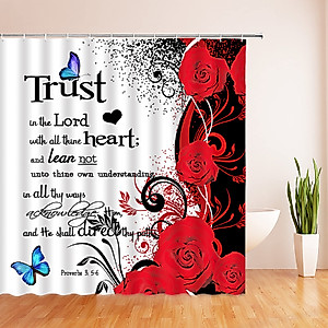 Inspirational Quote Bath Mat Red Rose Flower Butterfly Trust in The Lord with All Thine Heart Abstract Floral Art Bathroom Rug Decor