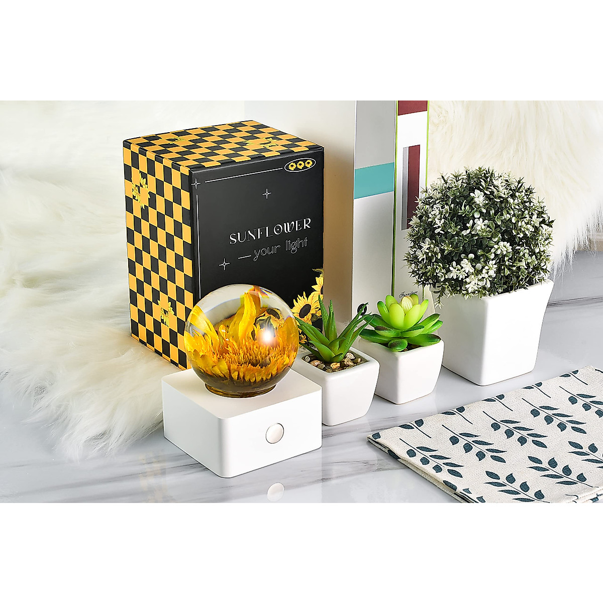 MISS LI GARDEN Forever Flower Special Edition,Teddy Sunflower Crystal Ball with LED Lights,Elegant Present for Girlfriend Wife Mom Women Enchanted Birthday Anniversary Wedding Home Décor