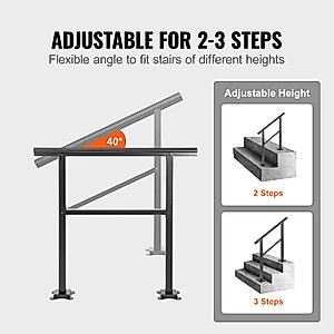VEVOR Handrail for Outdoor Steps, 2-3 Steps Outdoor Handrail, Adjustable Aluminum Staircase Handrail, Thickened Stair Railings for Porch Railing, Deck Handrail