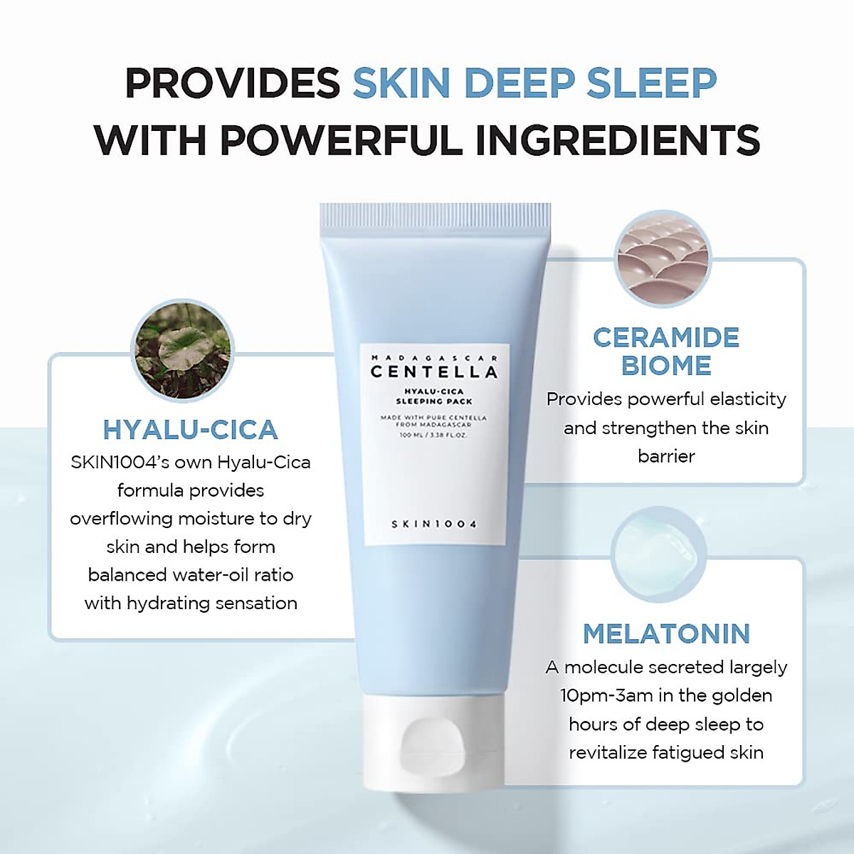 SKIN1004 Hyalu-CICA Sleeping Pack 3.38 fl.oz, 100ml Melatonin Hyaluronic Acid Centella Asiatica Extract Moist and Revitalization Multi Care Solutions