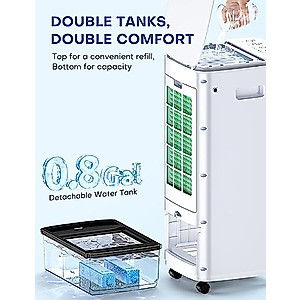 Evaporative Air Cooler, BALKO 3-IN-1 Windowless Swamp Cooler w/ 0.8 Gal Detachable Water Tank, 7H Timer & Remote, 4 Ice Pack, 70° Oscillation, Ductless Air Conditioner Portable for Room Indoor Office