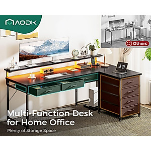 AODK 61" L Shaped Desk with 7 File Drawers, Gaming Desk with LED Light & Power Outlet, Reversible Home Office Desk with Monitor Shelf & Movable CPU Stand, Corner Computer Desk, Black