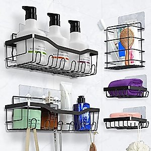 HUGSEE Shower Caddy Adhesive Shower Shelves 5 Pack Bathroom Caddy for Shower Organizer Storage Shower Shelf No Drilling with Soap Toothbrush Holder, Shower Rack for Inside Shower Kitchen Storage Black