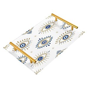 Vanity Tray for Bathroom, Evil Eyes Pattern Bathroom Decorative Tray with Copper-Color Metal Handle, Acrylic Countertop Storage for Vanity,Bedroom,Home Decor,11.8x7.9 inch