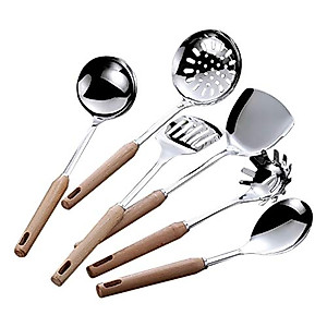 6 Pcs Stainless Steel Kitchen Utensil Wood Handle Cooking Tools Set Ladle Spoon for Restaurant Kitchenware Set
