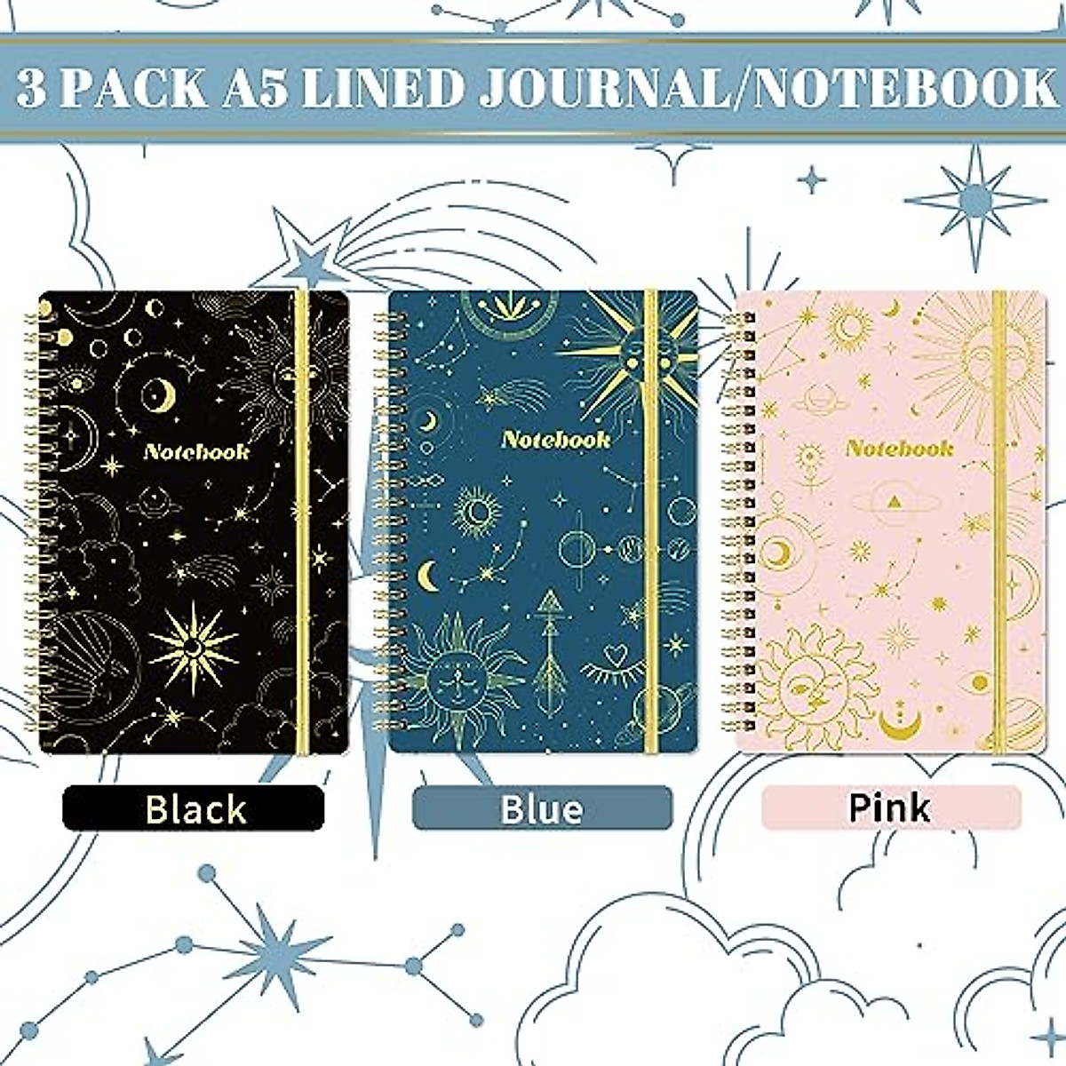 Tersus Spiral Notebook - 3 Pack A5 Lined Journal Notebook, Journals for Women, 6.3" x 8.3", 160 Pages, College Ruled Spiral Notebook with Back Pocket, Elastic Closure for Office, School & Home