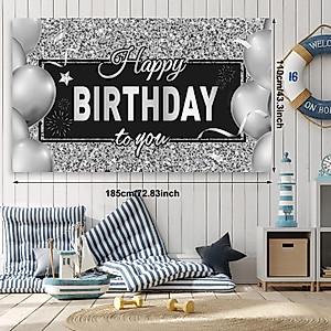 Birthday Party Decorations Confetti Balloons Kit Happy Birthday Photography Backdrop Banner Tablecloths for Boys Girls Men Women Birthday Party Supplies Decor (Black and Silver)
