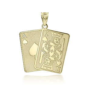 Fine 14k Yellow Gold Personalized Name Spade Ace and King Card/King of Spades Poker Card Pendant