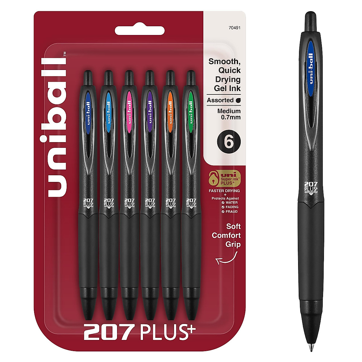 uni-ball 207 Plus+ Retractable Gel Pens 6 Pack in Assorted Colors with 0.7mm Medium Point Pen Tips - Uni-Super Ink+ is Smooth, Vibrant, and Protects Against Water, Fading, and Fraud