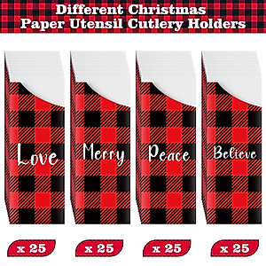 100 Pcs Christmas Silverware Bags Disposable Christmas Utensil Cutlery Holder Paper Xmas Flatware Tableware Holder Bags for Christmas Home Wedding Party Table Decorations, 4 Styles (Buffalo Plaid)