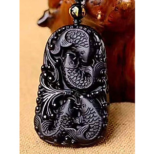 Natural black obsidian Amulet dragon head fish koi pendant bead necklace with bead chain for women or men (fish)