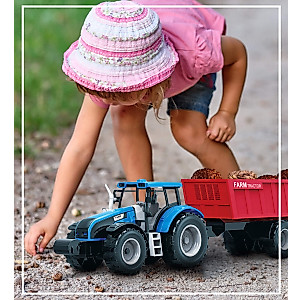 Mozlly Friction Powered Farm Tractor Trailer Toy Set - 16-inch Tractor Trailer Toys for Boys and Girls, Red Water Tank, Blue Farm Tractor, and Green Log Truck Toy, Farming Tractors Playset (3 Sets)