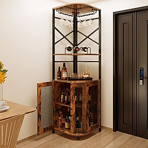 Osfvolr Bar Cabinet w/Wine Rack and Glass Holder, Corner Cabinet with Mesh Door, Corner Bar Cabinet with Adjustable Shelf, Liquor Cabinet Bar for Home, Rustic Brown